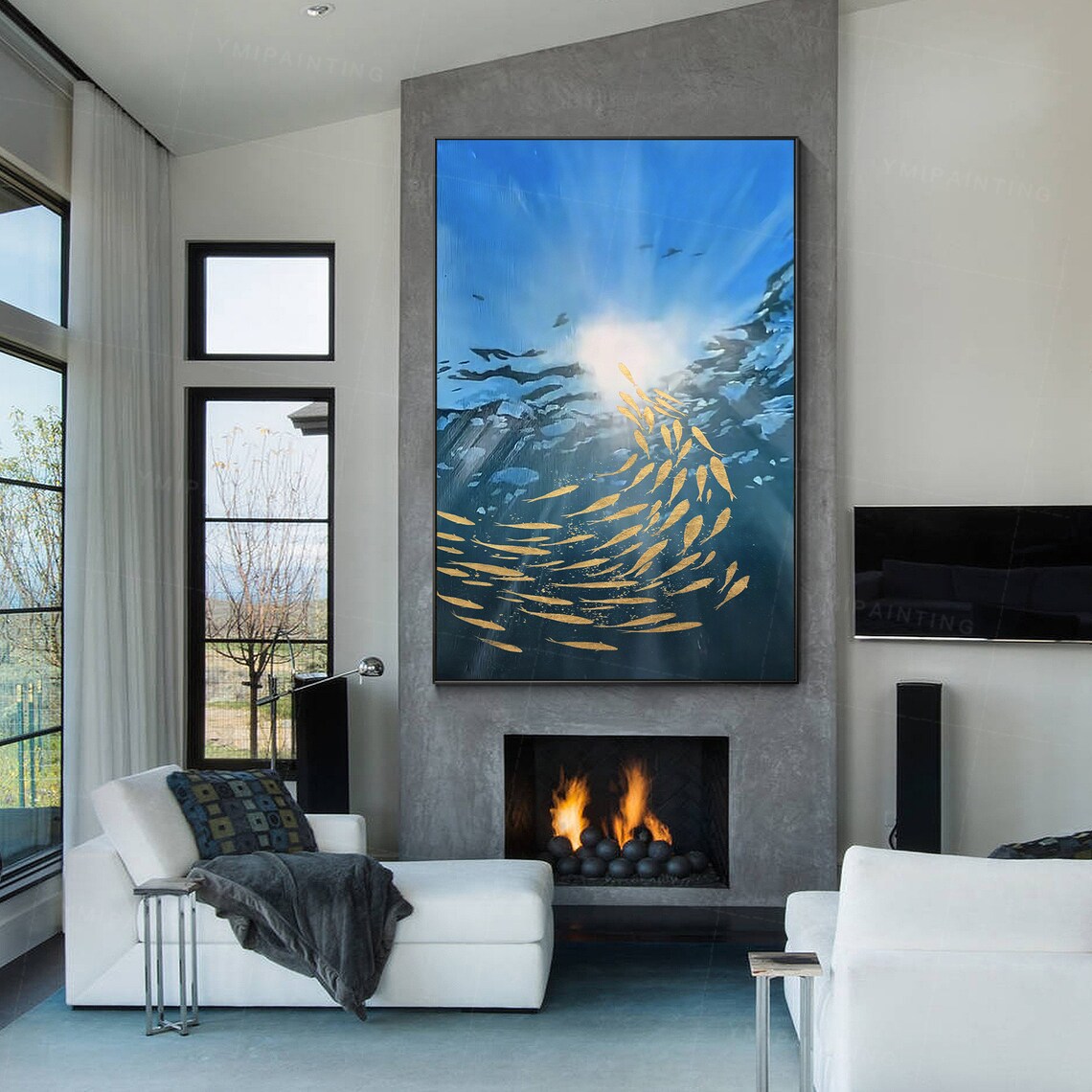 Gold Koi Fish Abstract Art Blue Watercolor Art Ocean Sunrise - Etsy