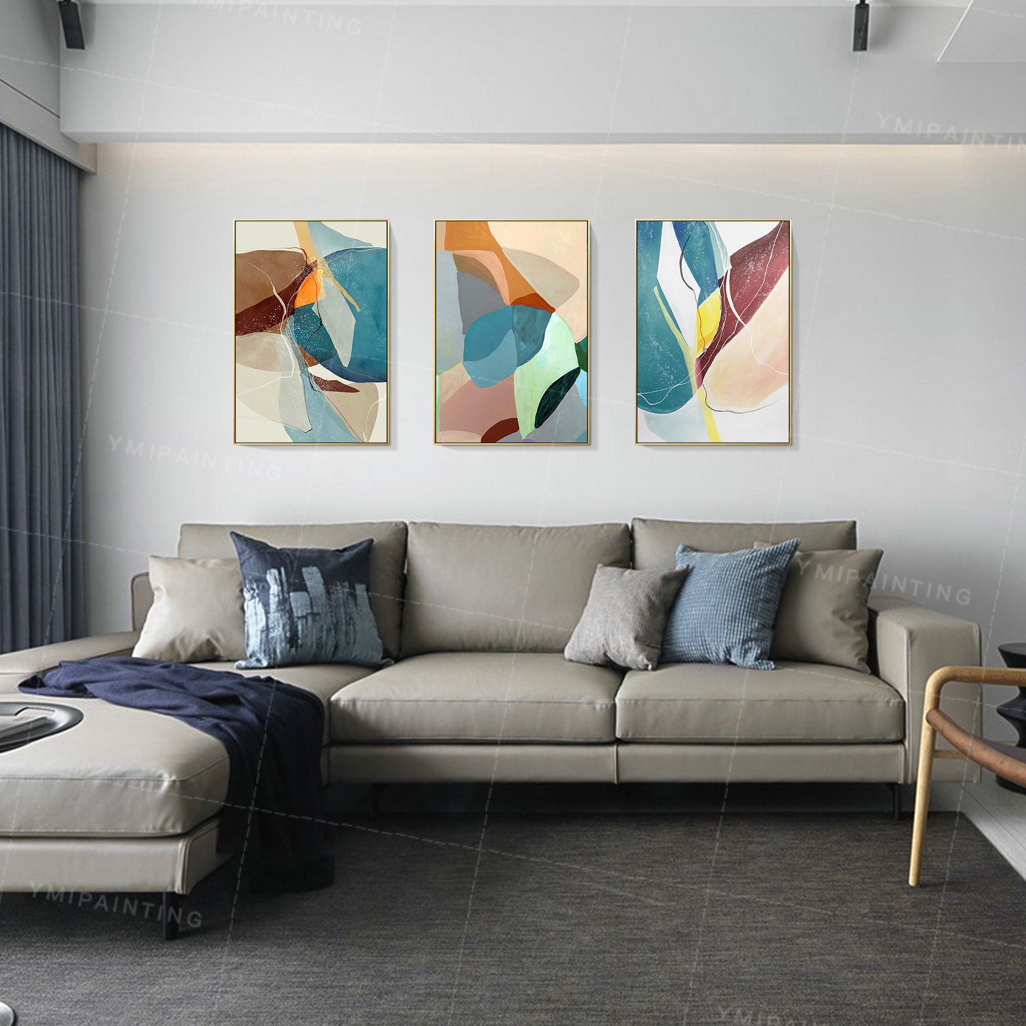 Set of 3 Wall Art Framed Geometric Painting on Canvas Original | Etsy