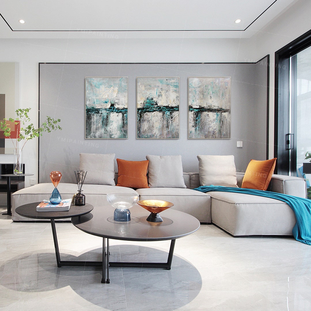 Framed Painting Set of 3 Wall Art Blue and Black Large Wall Art ...