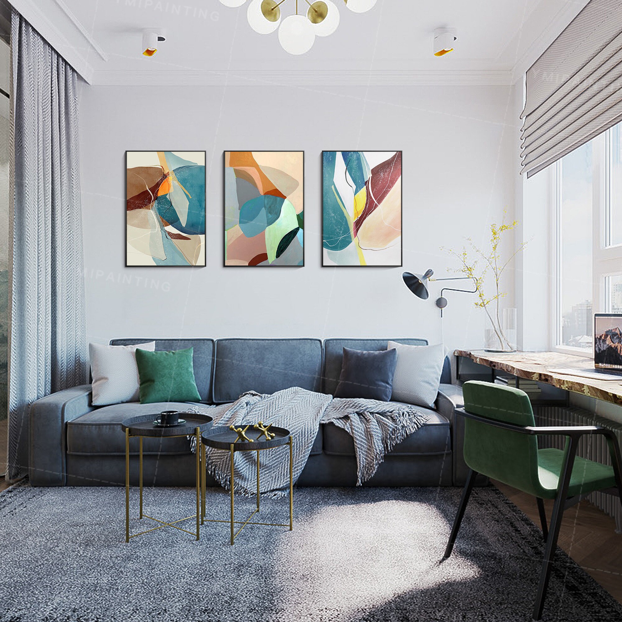 Set of 3 Wall Art Framed Geometric Painting on Canvas Original | Etsy