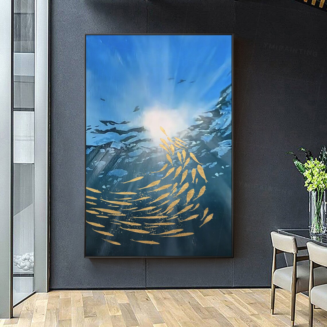 Gold Koi Fish Abstract Art Blue Watercolor Art Ocean Sunrise - Etsy