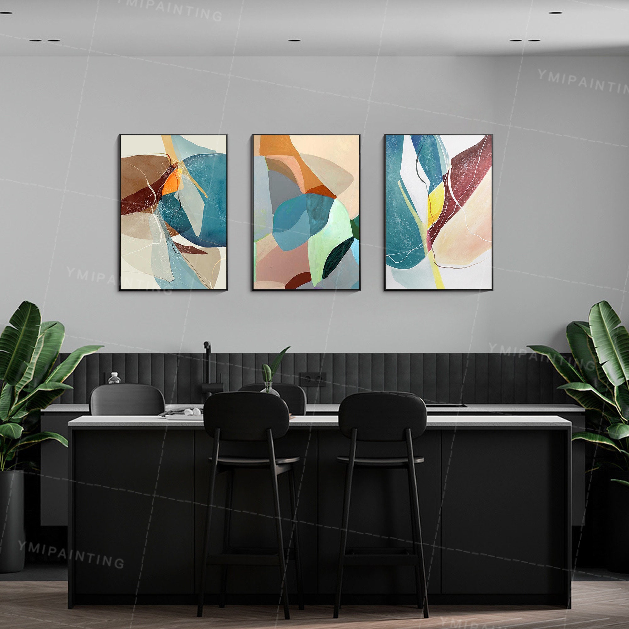 Set of 3 Wall Art Framed Geometric Painting on Canvas Original | Etsy