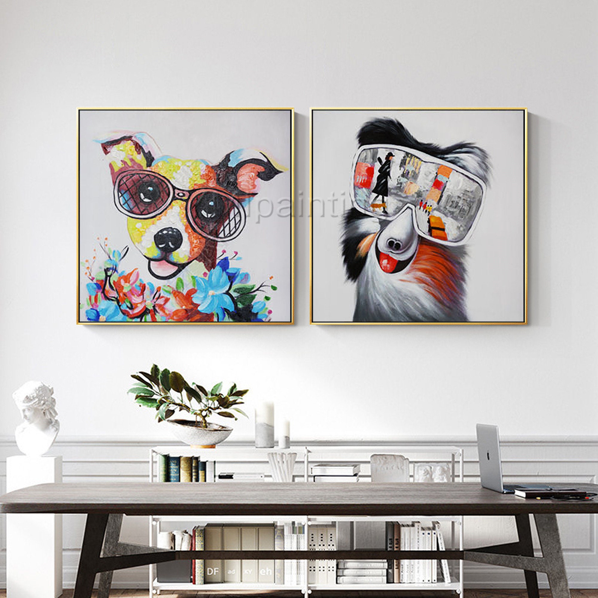 Set of 3 wall art Pet Portrait Dog and frog art Acrylic | Etsy