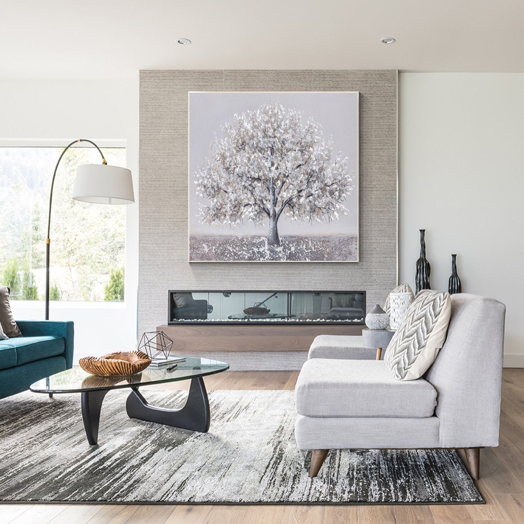 Original Silver Leaf Tree Painting/tree Wall Art/silver Wall Decor ...
