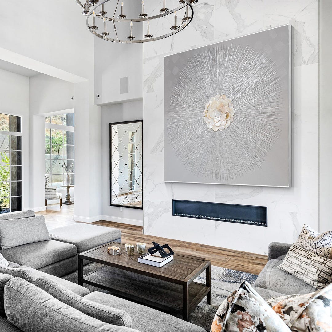 Large Gray 3D Texture Art With Gold Capiz Shells - Coastal Decor - Etsy