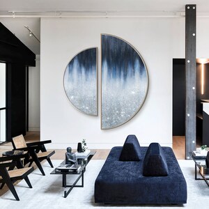 Large Round Art,glitter Wall Art,wall Decor,blue and Silver Wall Art ...