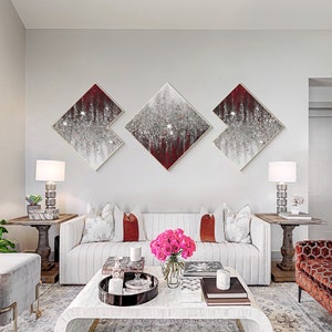 Original 3 Pieces Red Silver Glitter Painting,crushed Glass Red Wall ...