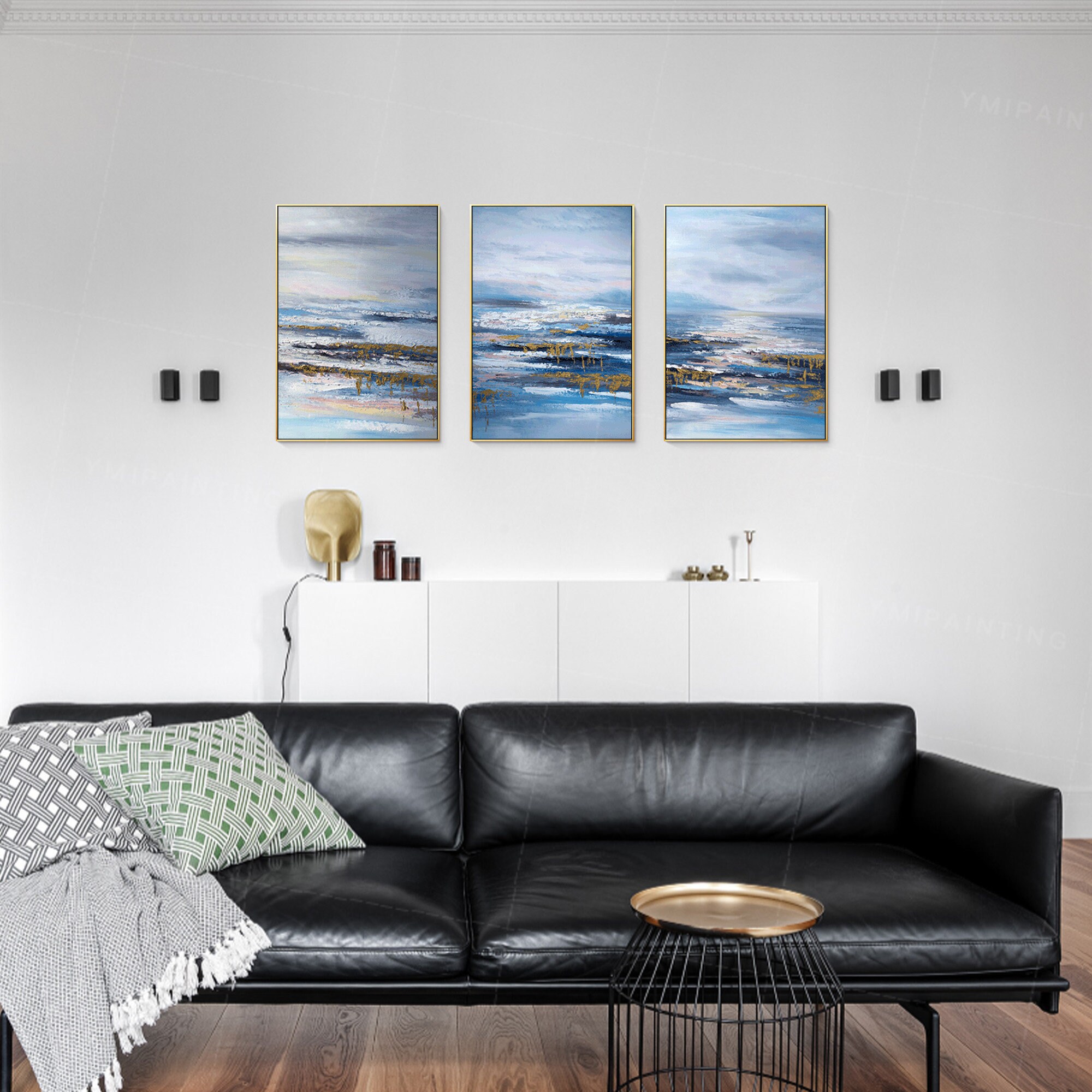 Framed painting Set of 3 wall art Seascape Gold art painting | Etsy