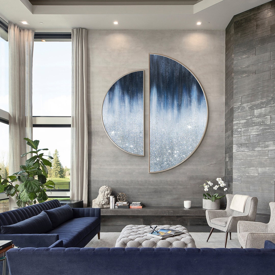 Large Round Art,glitter Wall Art,wall Decor,blue and Silver Wall Art ...