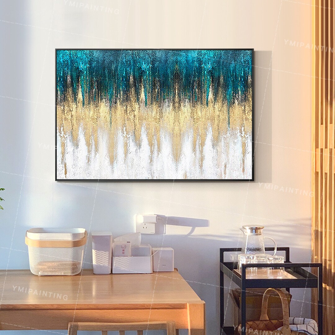 Gold Leaf Teal Blue Acrylic Painting: Sound Wave Texture, Framed Canvas ...