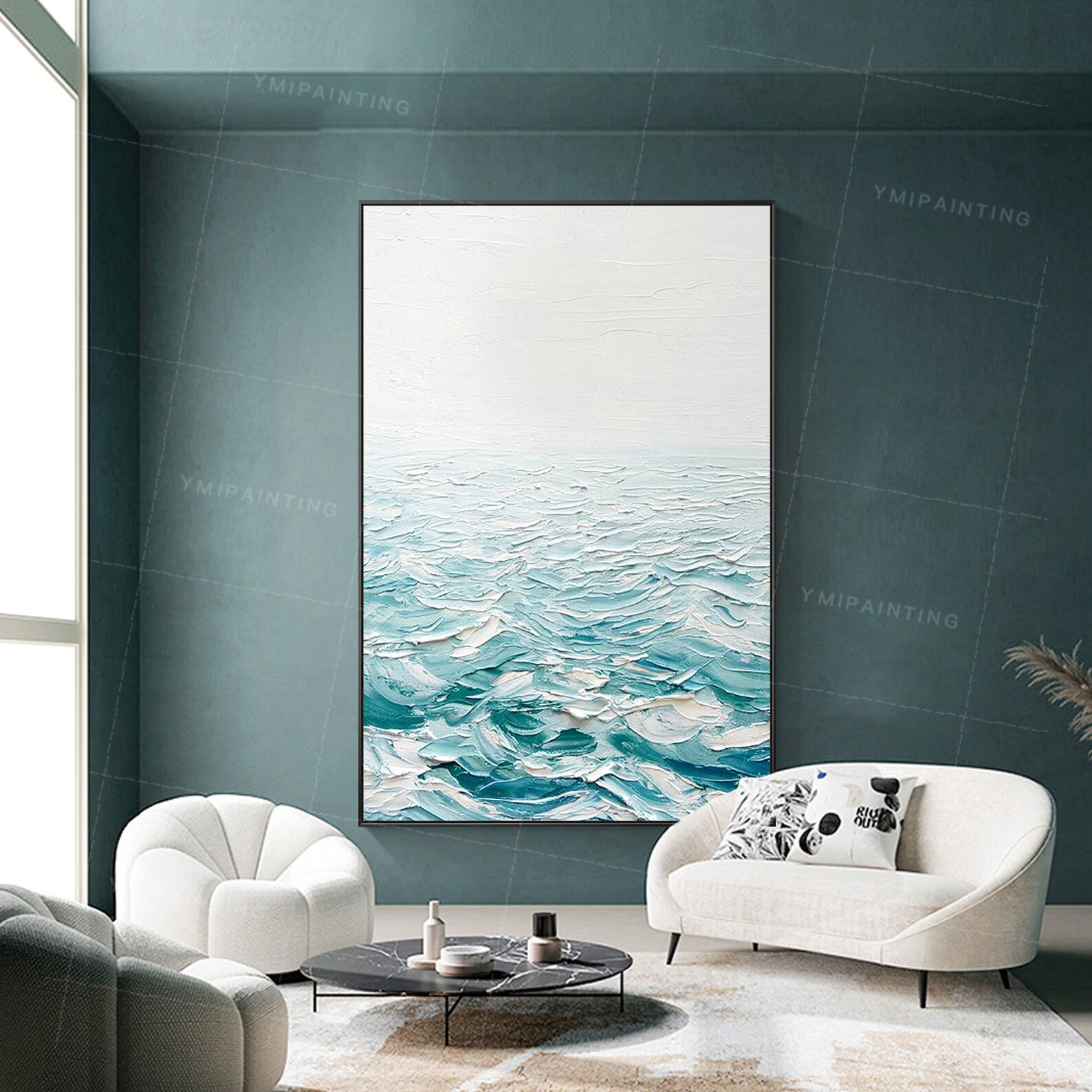 Teal Wall Art Framed Acrylic Painting Palette Knife Sea - Etsy