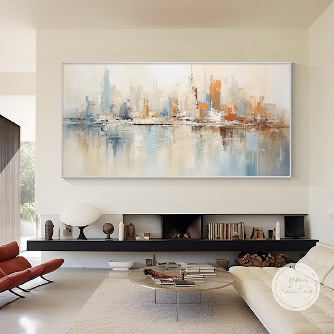 Original Chicago Abstract Art,large Chicago Wall Art,beige Blue City ...