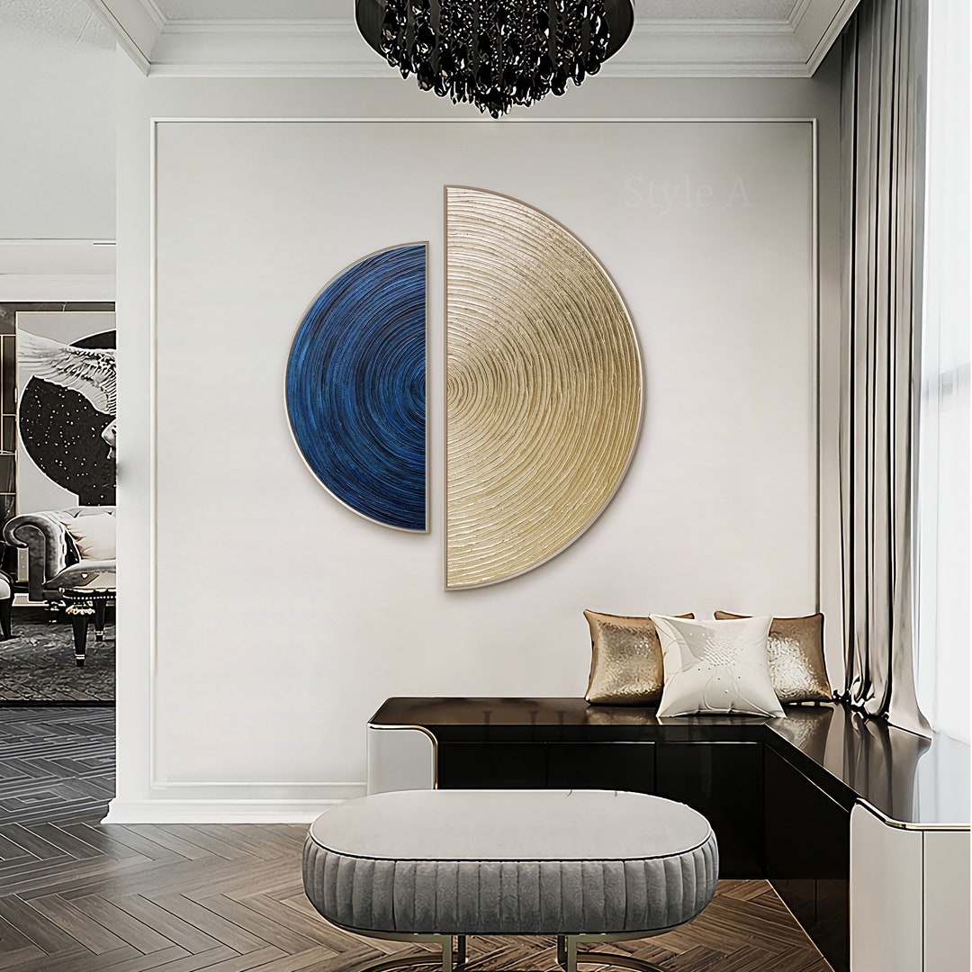 Blue and Gold Round Wall Art: Textured Minimalism, Set of 2 - Etsy