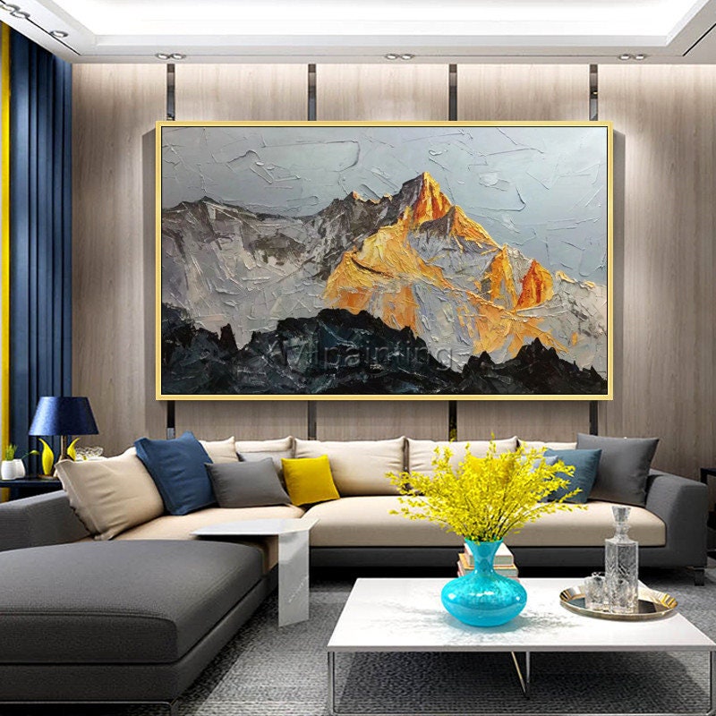 Snow Mountains Peaks Gold Art Oil Painting on Canvas Original | Etsy