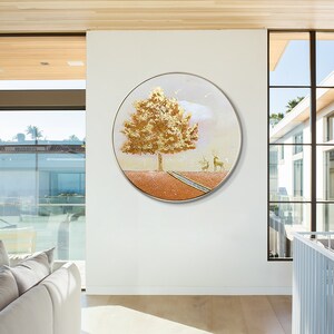 Gold Tree Landscape Art With Frameddeer Paintinground - Etsy