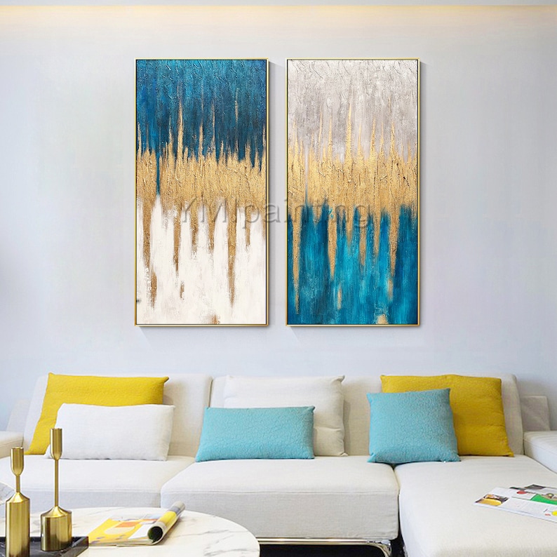 Framed painting Set of 2 wall art Gold art Modern Abstract | Etsy