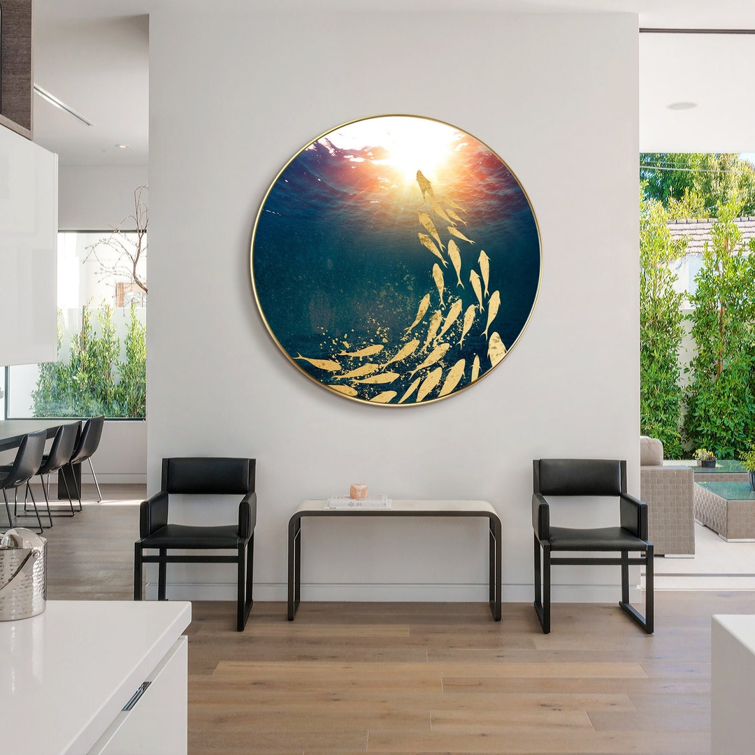 Gold Foil School of Fish Round Wall Art,navy Sea Painting Framed,living ...