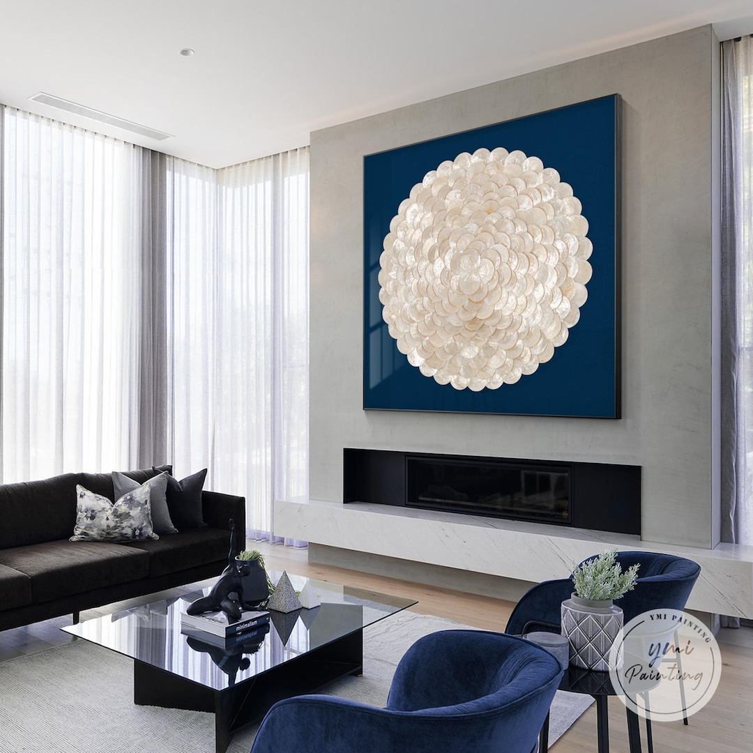 Xlarge 3D Capiz Shell Wall Art With Pearl,navy Gold Seashell Art,shell ...