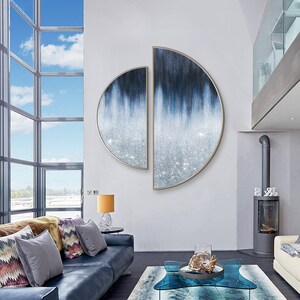 Large Round Art,glitter Wall Art,wall Decor,blue and Silver Wall Art ...