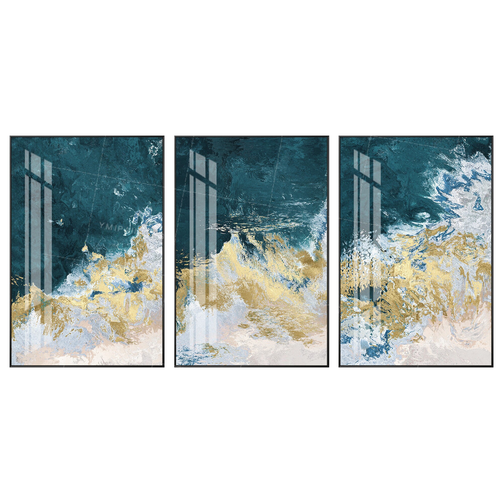 Framed painting set of 3 wall art Gold Leaf sea wave blue art | Etsy