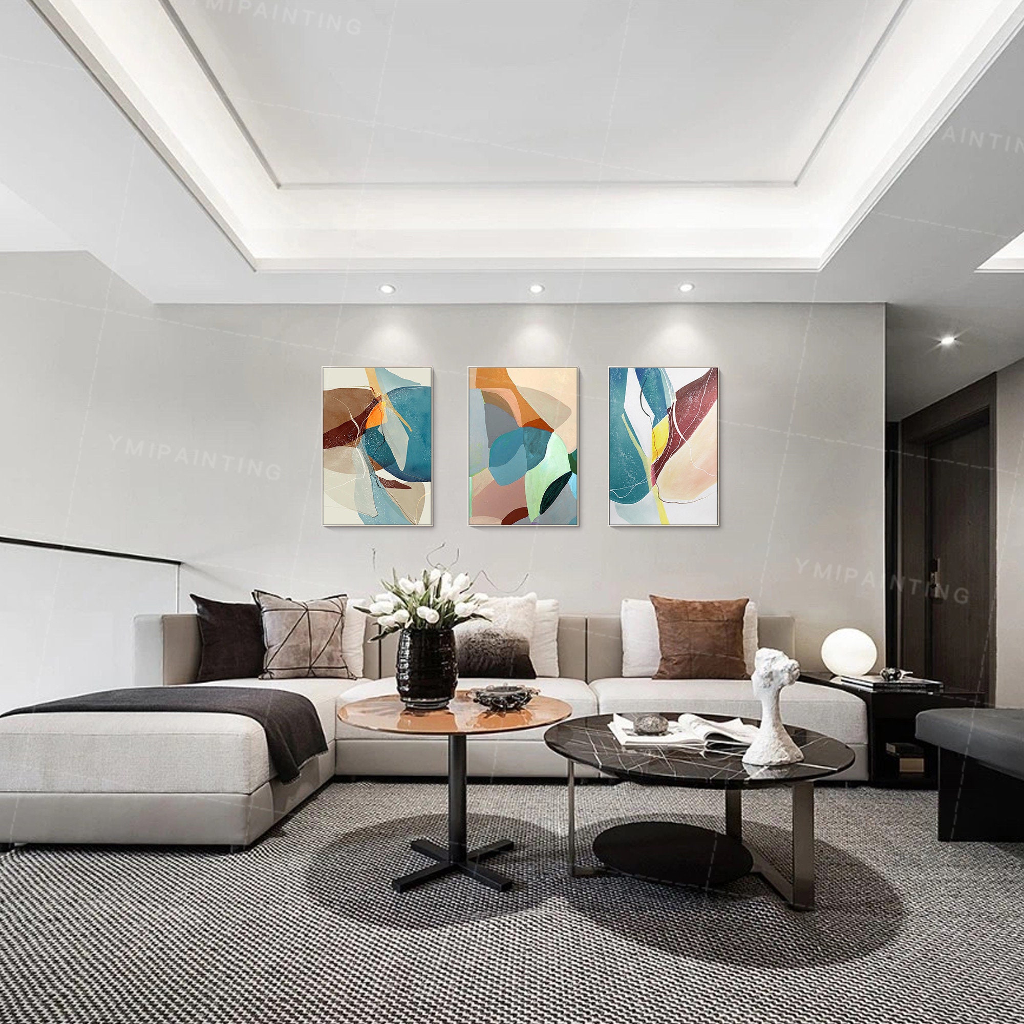 Set of 3 Wall Art Framed Geometric Painting on Canvas Original | Etsy