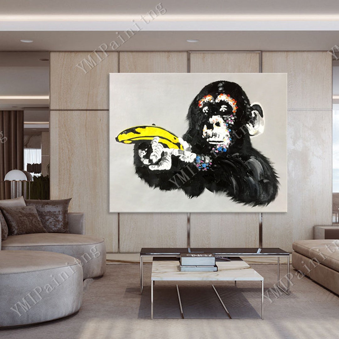 Monkey Pop Art Painting: Graffiti Ape With Banana, Original Canvas Art ...