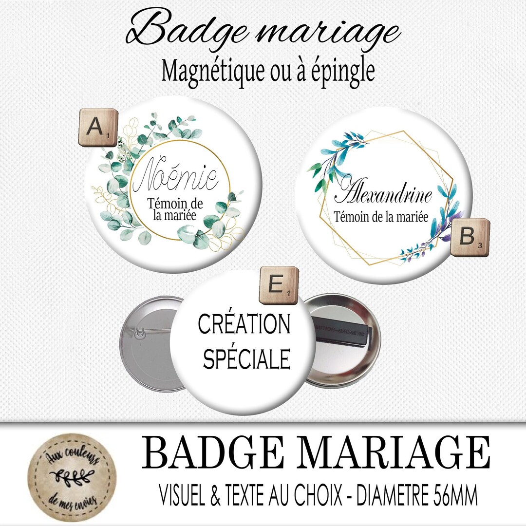 Badge mariage, badge magnétique, badge témoin de la mariée, témoin du ...