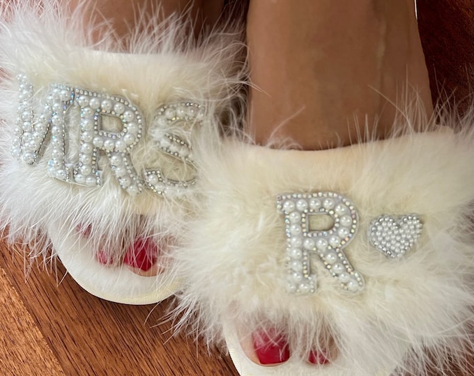 Bride Gift Pearls Slippers Rhinestone Fluffy Slippers Bridal Shower ...