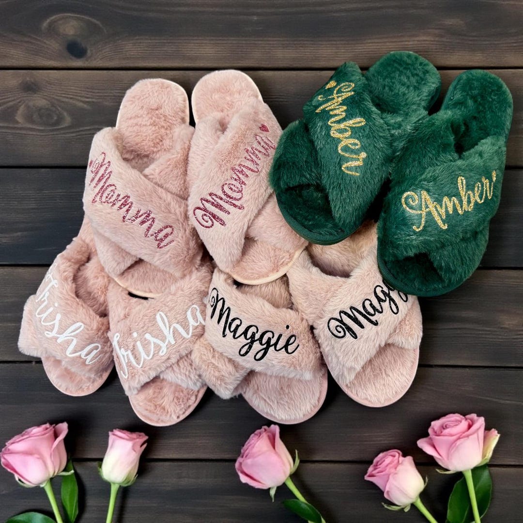 Custom Name Fluffy Slippers Personalized Slippers for Women Bridesmaid ...