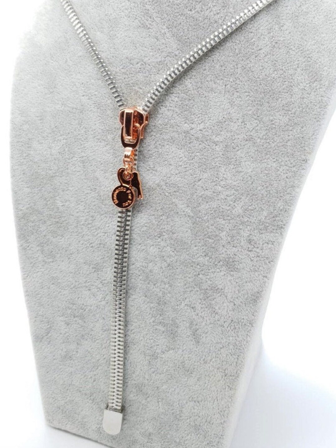 Zip Me up Necklace Silver W Rose Charm/puller, Zip Necklace, Real Zip ...