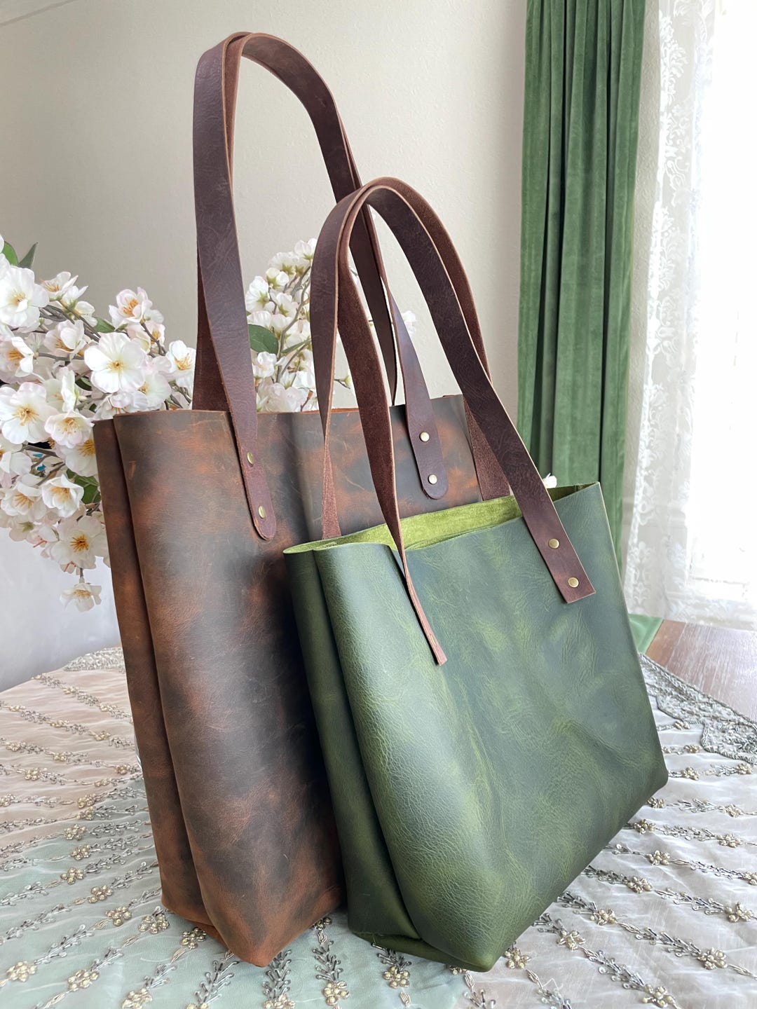 Handcrafted Leather Tote Bag: Top Grain, Elegant Design - Etsy