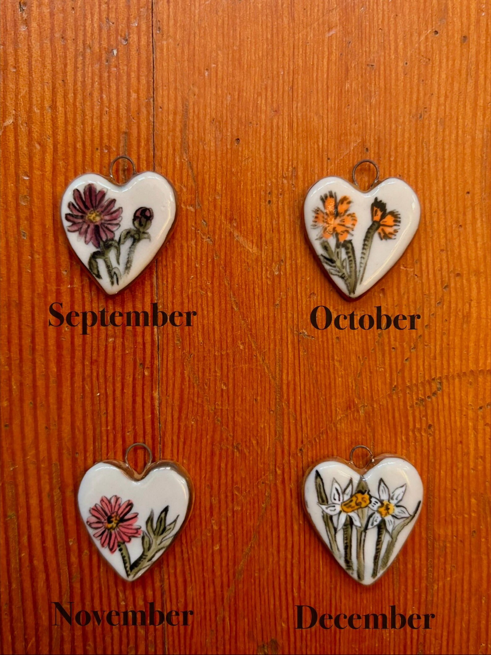 Gold Flowers Porcelain Necklace Charms With Velvet Ribbon, Birth Month ...