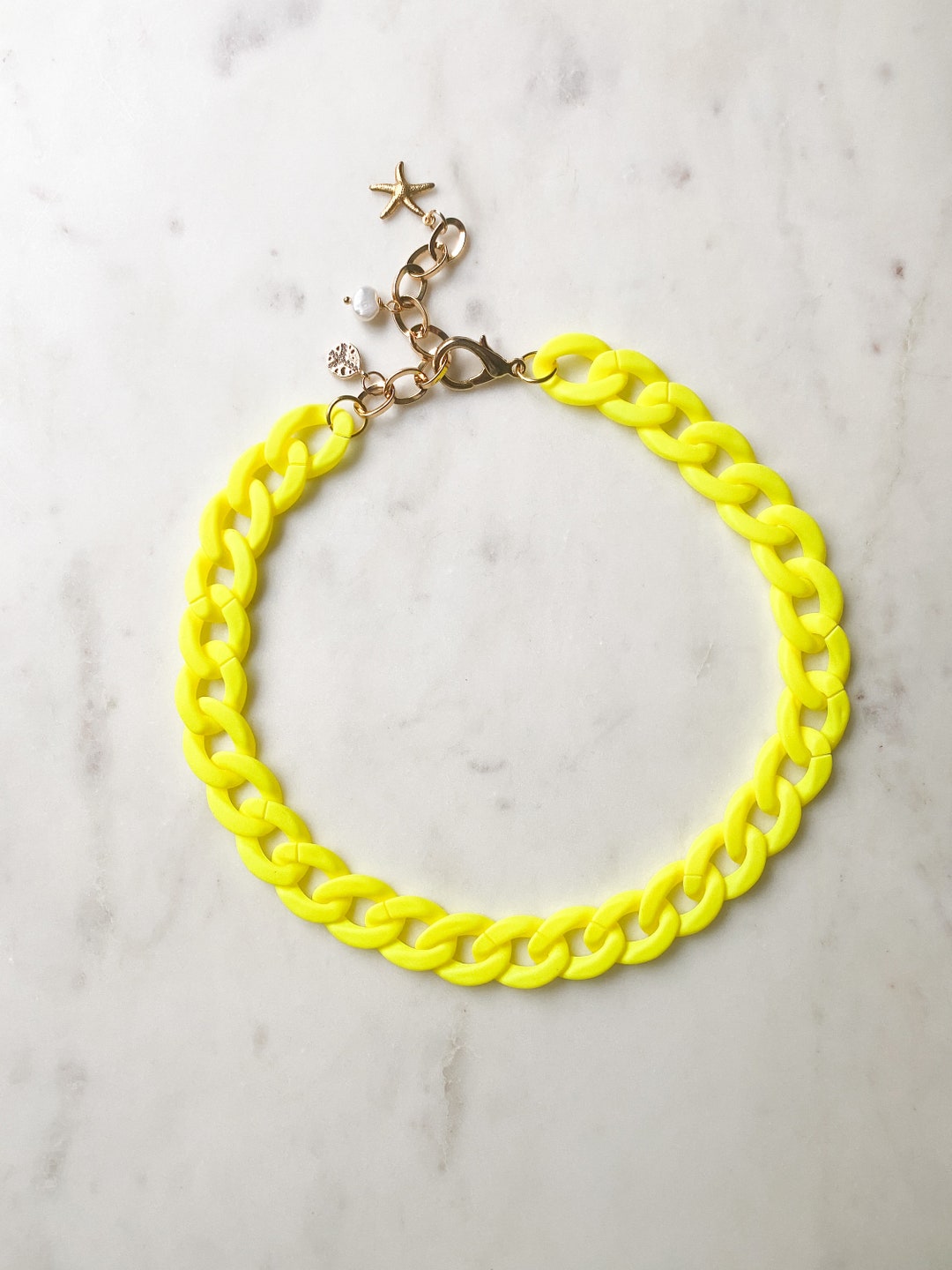 Neon Yellow Chain Necklace, Gold Charms, Freshwater Pearl - Etsy