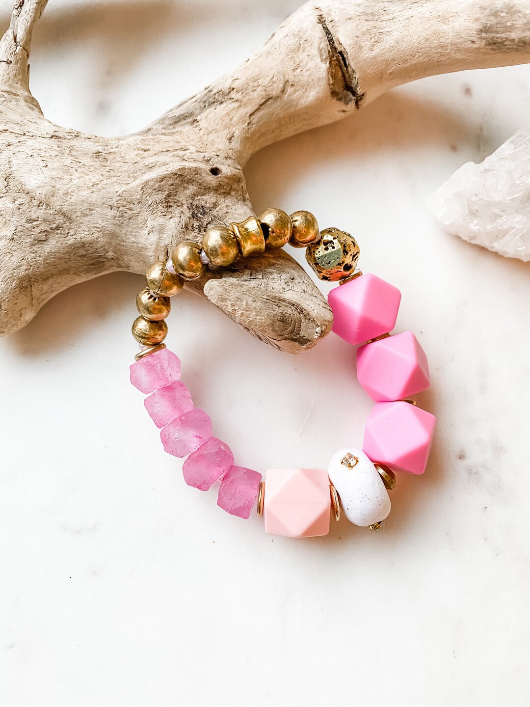 Handcrafted Pink Recycled Glass Beaded Bracelet, Gold Brass Accent ...