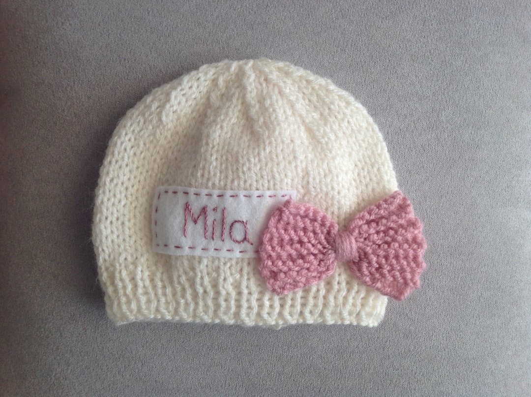 Personalized Baby Beanie: Knit Hat With Bow, Newborn Photo Prop, Baby ...
