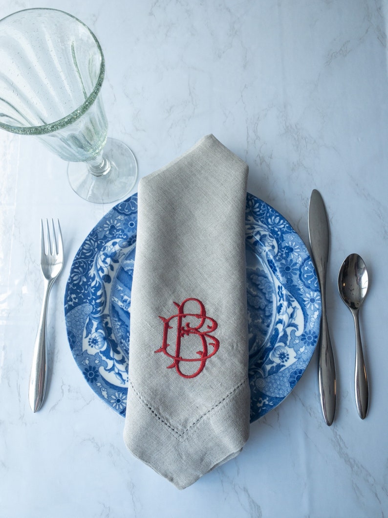 Double Monogram Cloth Dinner Napkins - Oatmeal Linen Fabric Napkin ...
