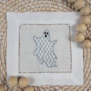 Spooky Ghost Cocktail Napkin, Embroidered Linen Cocktail Napkin ...