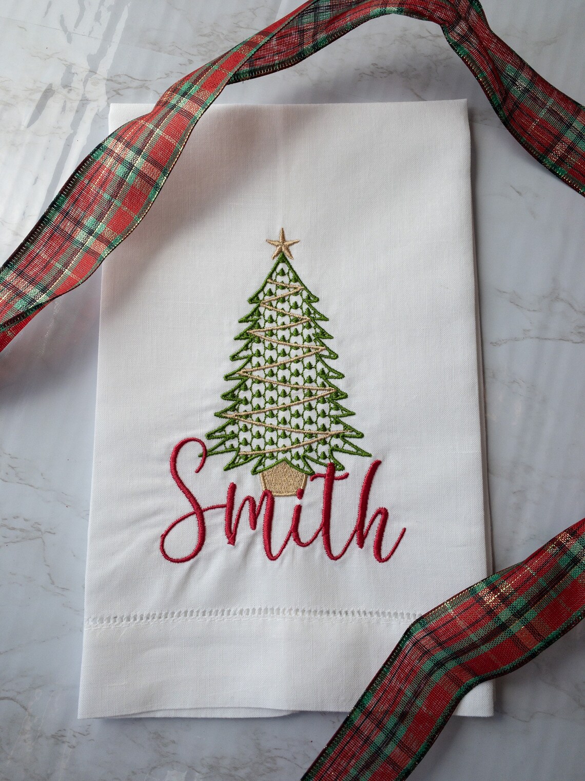 Monogrammed Linen Christmas Tree Hand Towel 112 | Etsy