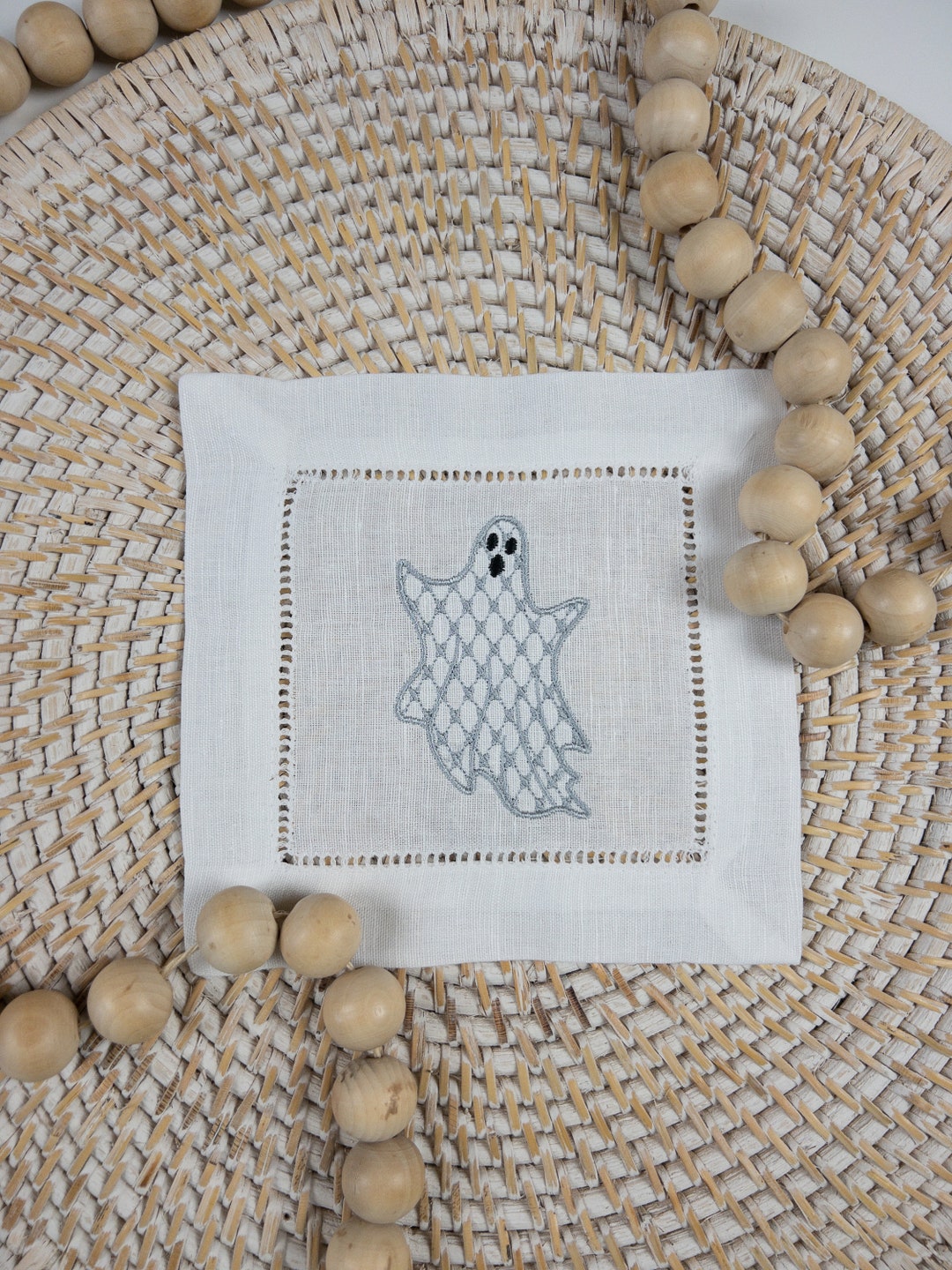 Spooky Ghost Cocktail Napkin, Embroidered Linen Cocktail Napkin ...