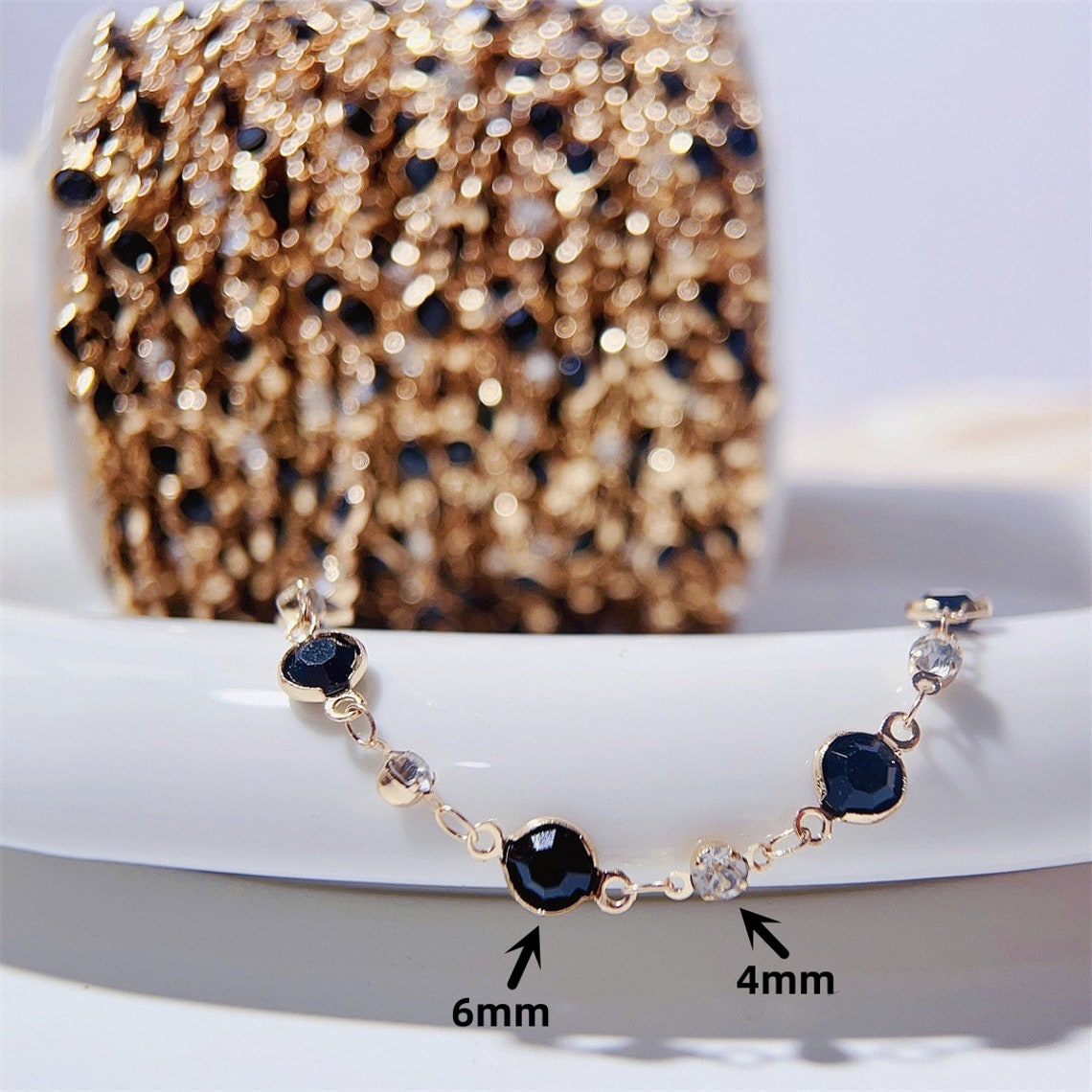 KC Gold Black Crystal Beads Chain Zircon Link Chain Bracelet Necklace ...