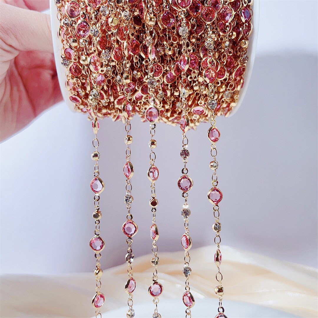 KC Gold Pink Crystal Beads Chain Zircon Link Chain Bracelet Necklace ...