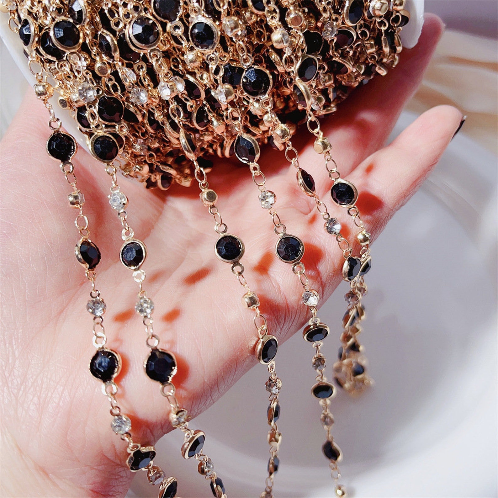 KC Gold Black Crystal Beads Chain Zircon Link Chain Bracelet Necklace ...