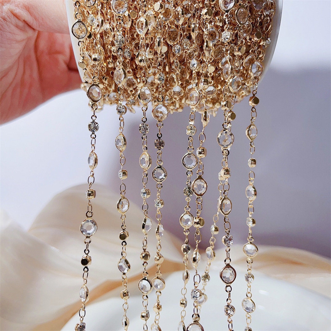 KC Gold White Crystal Beads Chain Zircon Link Chain Bracelet Necklace ...