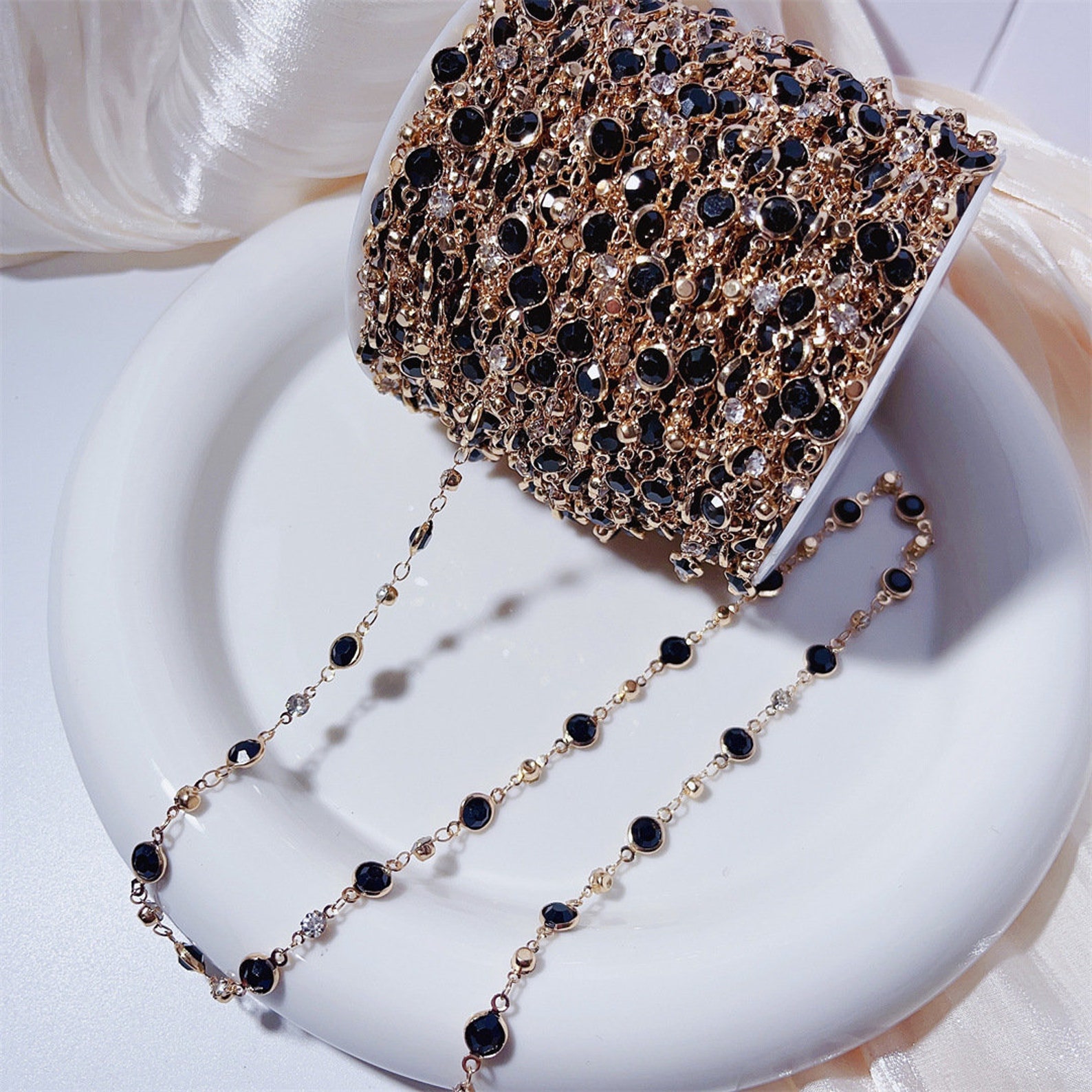 KC Gold Black Crystal Beads Chain Zircon Link Chain Bracelet Necklace ...