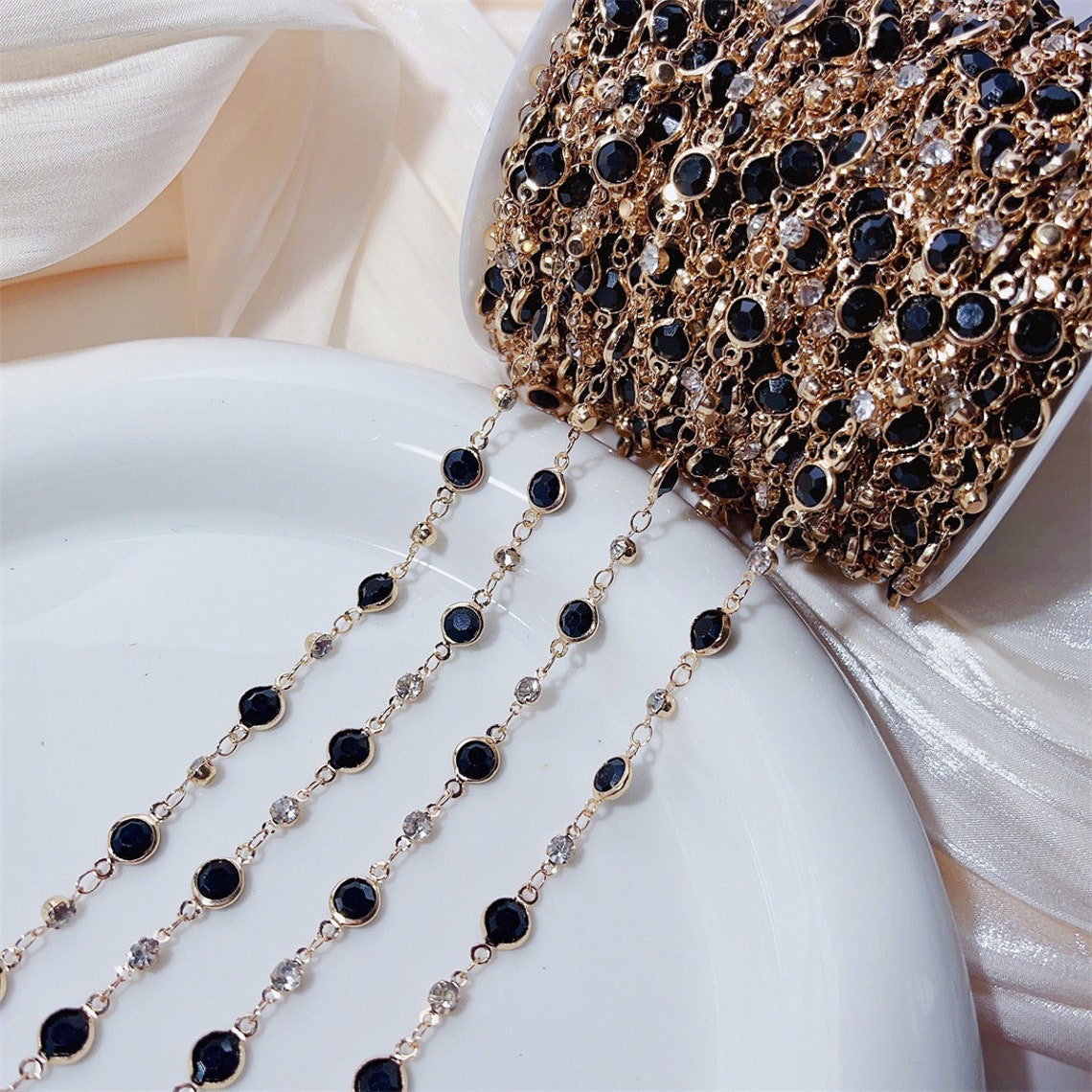 KC Gold Black Crystal Beads Chain Zircon Link Chain Bracelet Necklace ...