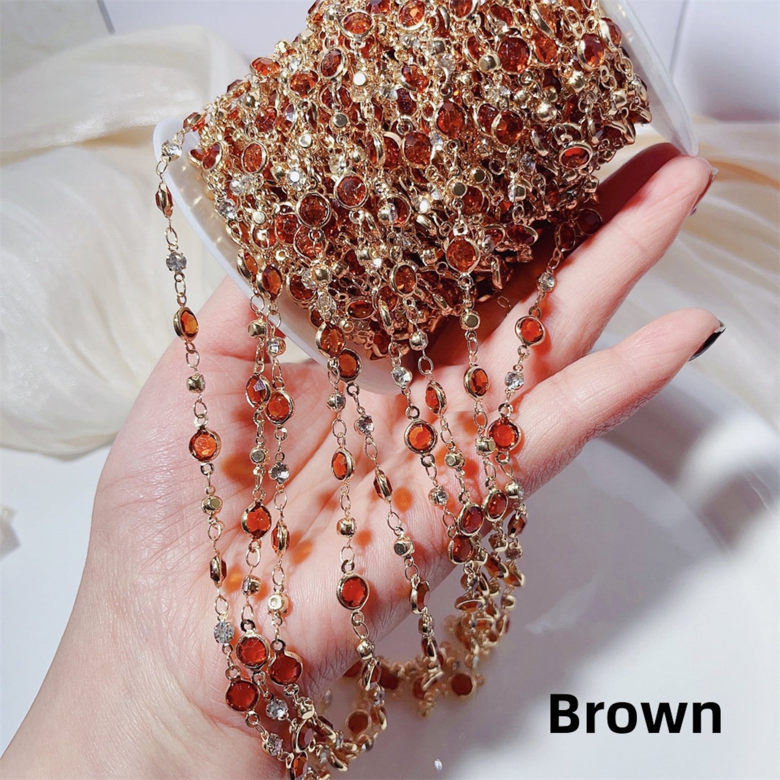 KC Gold Crystal Beads Chain Zircon Link Chain Bracelet Necklace Jewelry ...