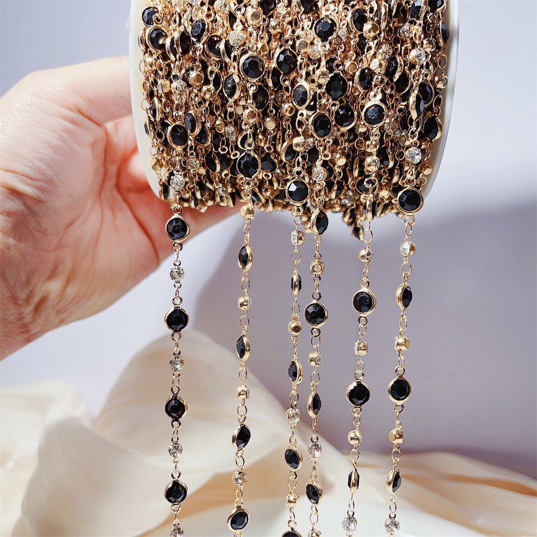 KC Gold Black Crystal Beads Chain Zircon Link Chain Bracelet Necklace ...
