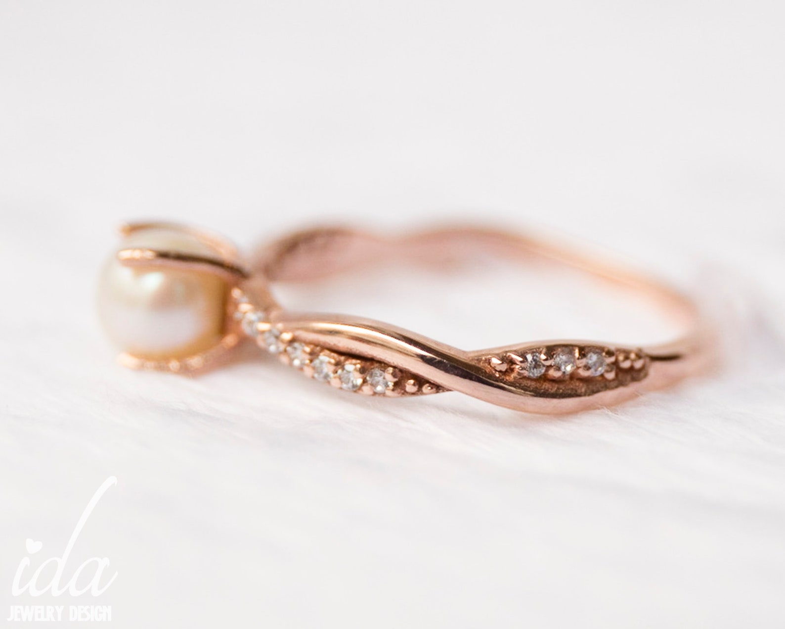 14k Rose Gold Pearl Engagement Ring Set Pearl Ring Wedding - Etsy