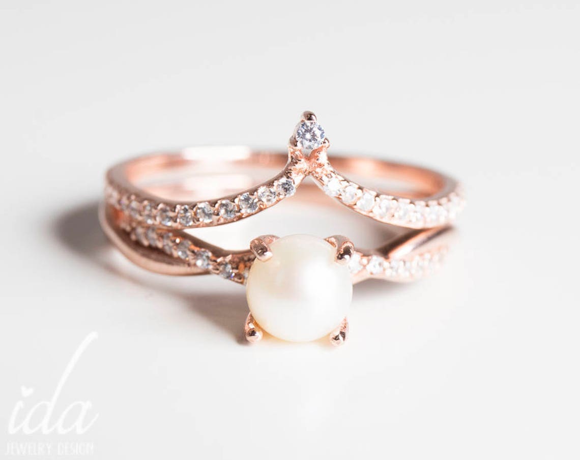 Rose Gold Pearl Engagement Ring Set - Womens Rings, Rings for Women ...