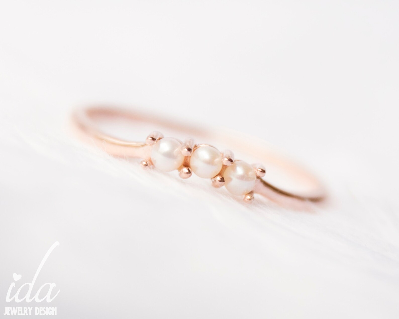 14k Rose Gold Pearl Wedding Ring, Pearl Ring, Wedding Band, Minimalist ...